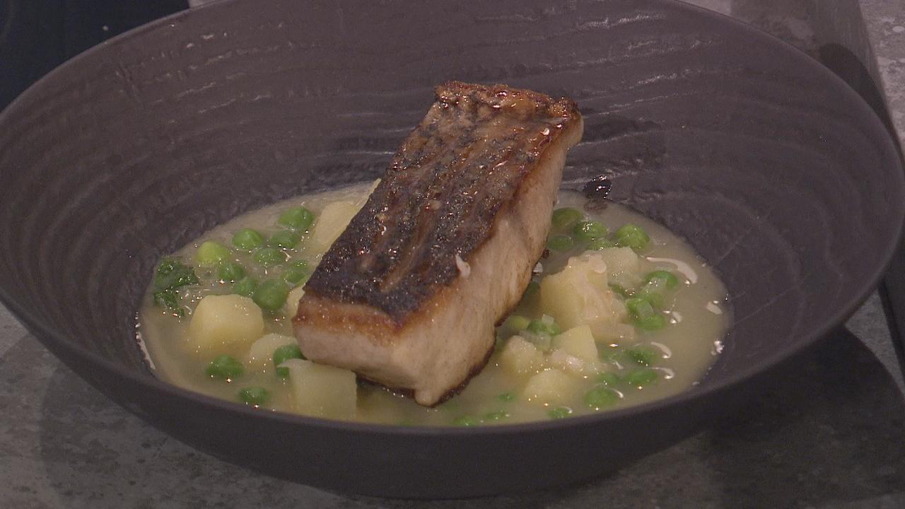 Pan Roasted Stone Bass with Baby Gem, Potatoes, Peas and Mint | The Six ...